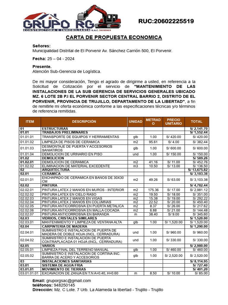 Grupo RG Constructora e Inmobiliaria Sac Cotizacion Mantenimiento de Las Instalaciones de La Sub ...