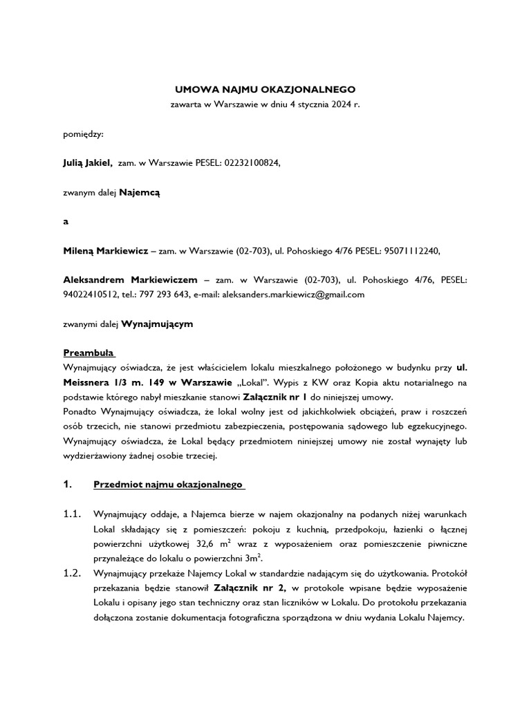 Umowa Najmu Lokalu Mieszkalnego Meissnera | PDF Umowa Najmu Lokalu Mieszkalnego Meissnera | PDF