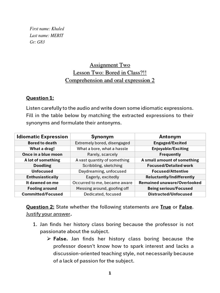 Assignment Two Comprehension and Oral Expression 2 MERIT Khaled | PDF | Cognition | Learning