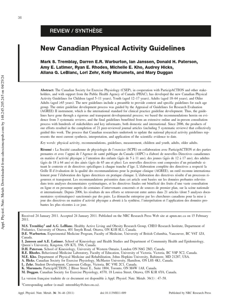 Tremblay Et Al 2011 New Canadian Physical Activity Guidelines | PDF ...