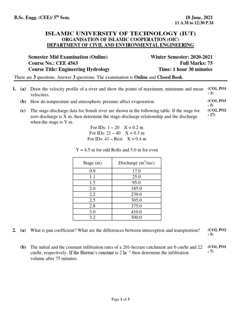 Engineering Hydrology Mid Exam 2021 | PDF | Discharge (Hydrology) | Water