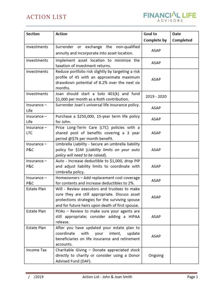 Smith Action-List | PDF | Insurance | Taxes
