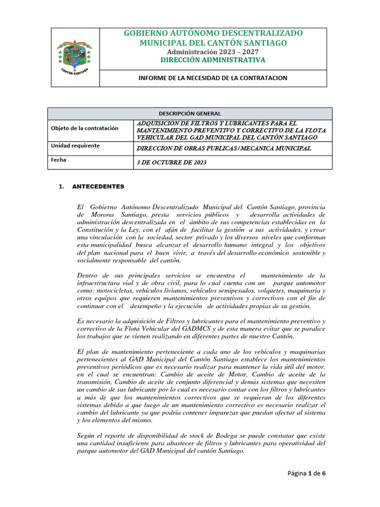 Informe de Necesidad Filtros-Signed-Signed | PDF | Santiago | Lubricante