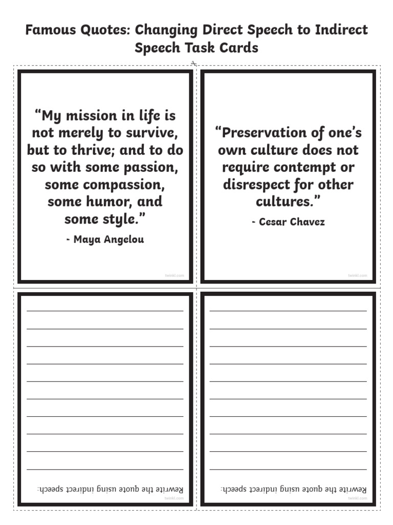 B&W Famous Quotes Changing Direct Speech to Indirect Speech Task Cards ...