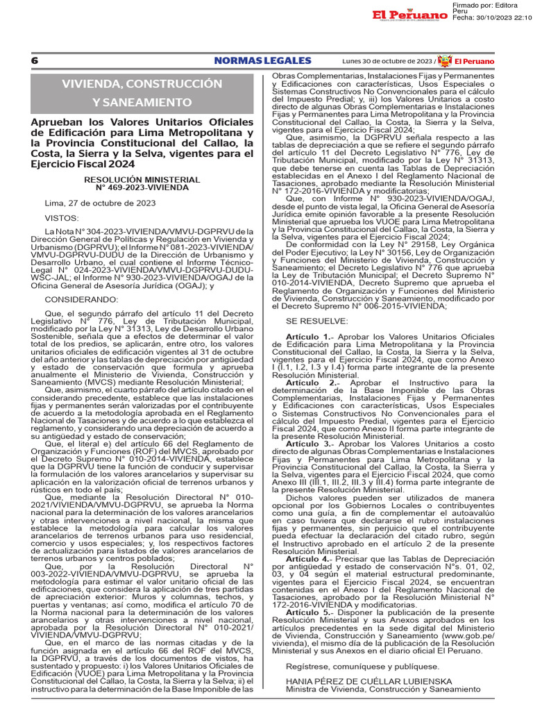 RM 469-2023-Vivienda Valores Unitarios Edificaciones | Descargar gratis ...