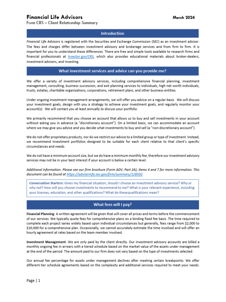 2024.03 FLA Form CRS - Final | PDF | Financial Adviser | Investing