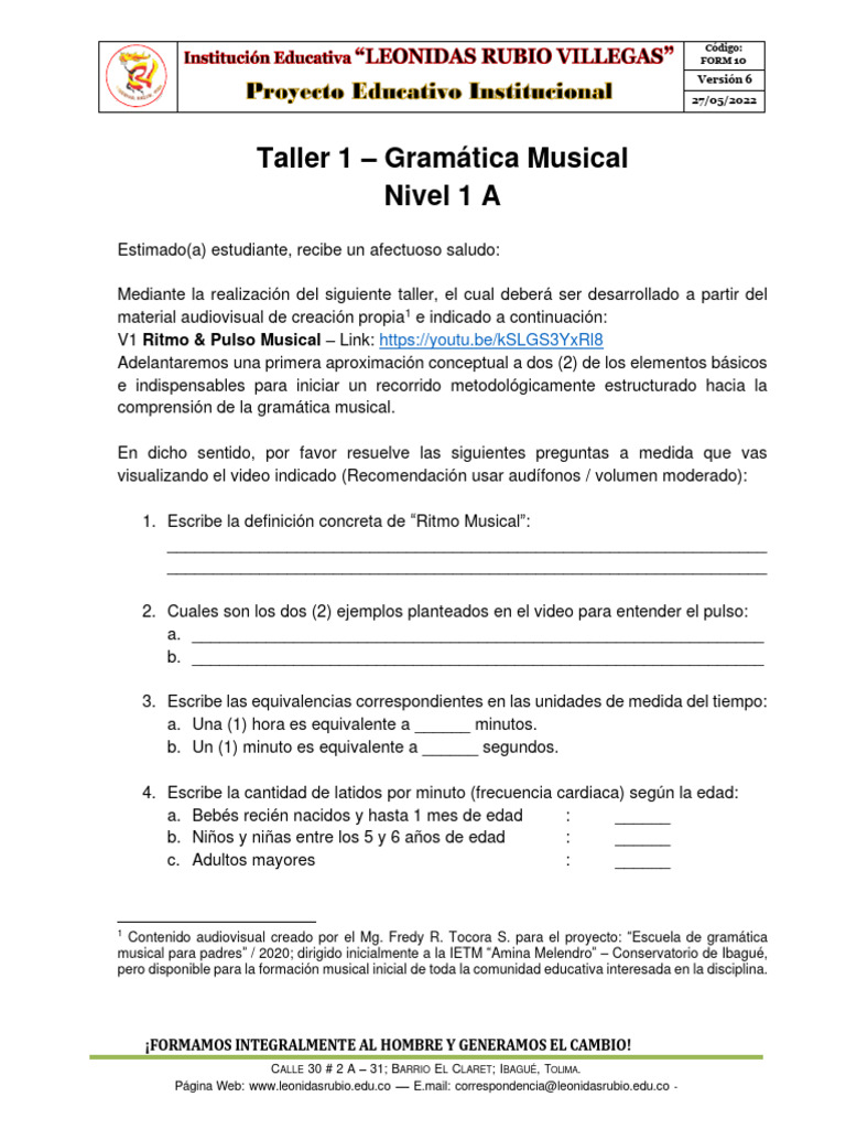 Taller Ritmo Musical & Pulso | PDF | Tempo | Ritmo