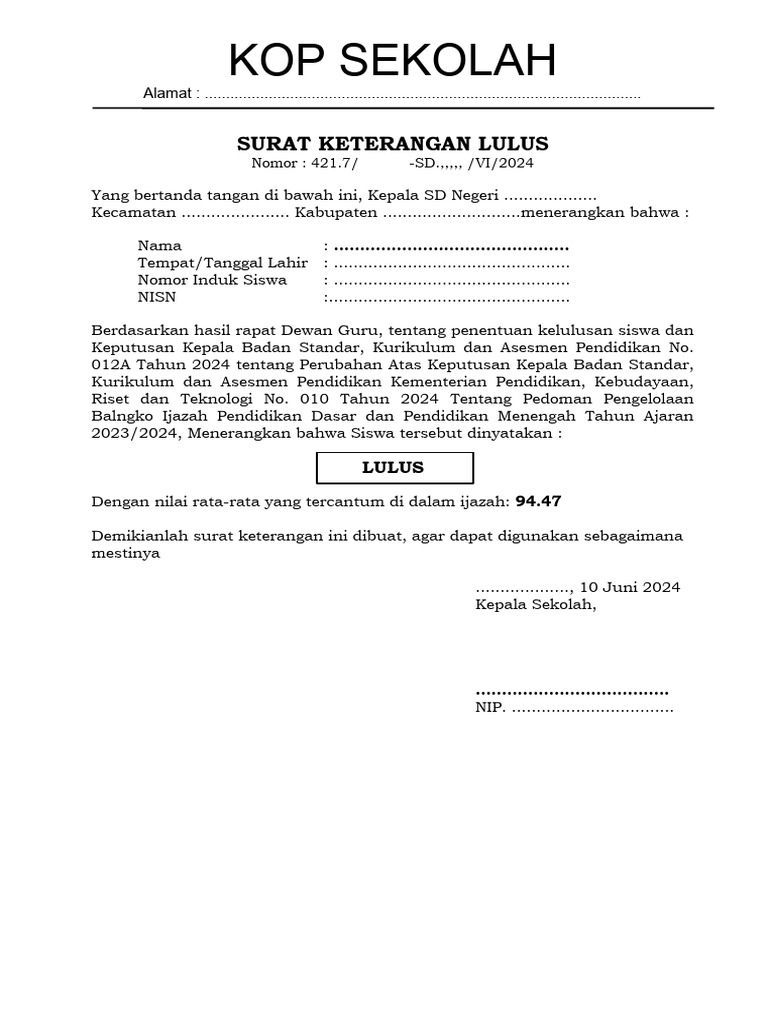 Surat Keterangan Lulus SD 2024 | PDF | Karier & Perkembangan | Seni