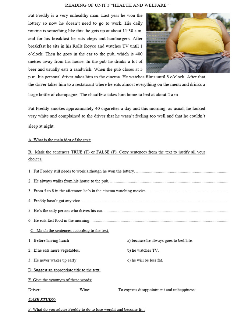 Health and Welfare Reading Comprehension Obesity Fat U3 1bac | PDF ...