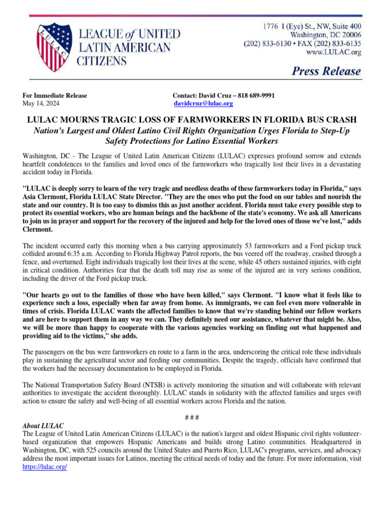 LULAC Mourns Tragic Loss of Farmworkers in Florida Bus Crash | PDF ...