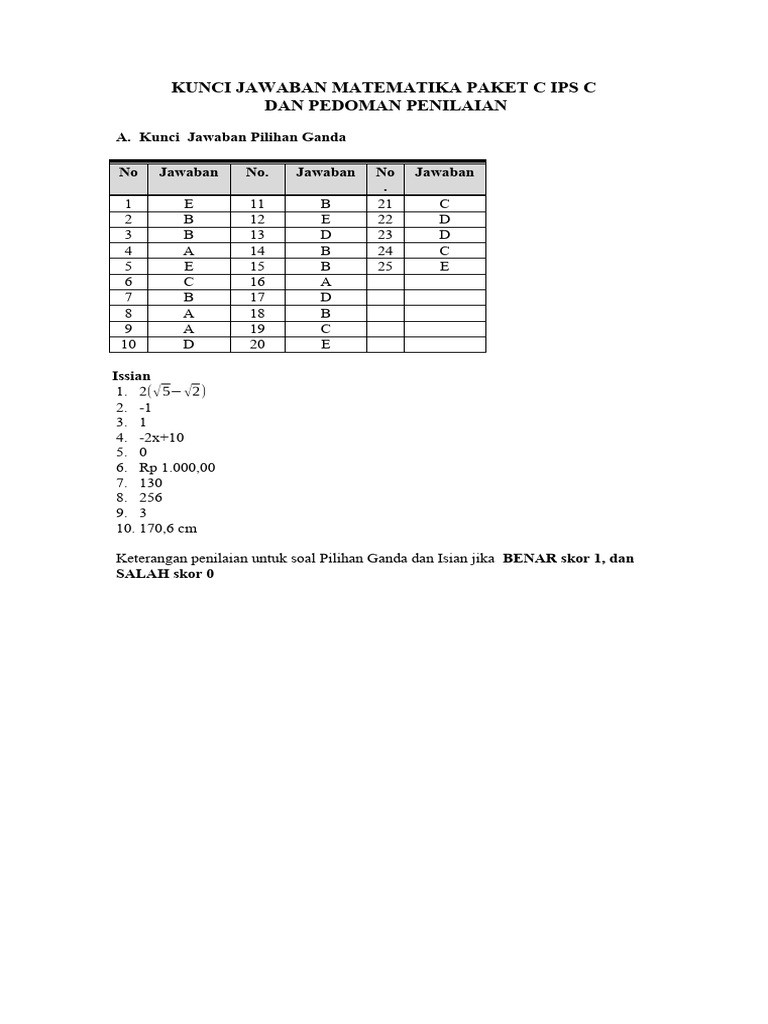 Kunci Matematika Paket C IPS C 2021 Paket 1 | PDF