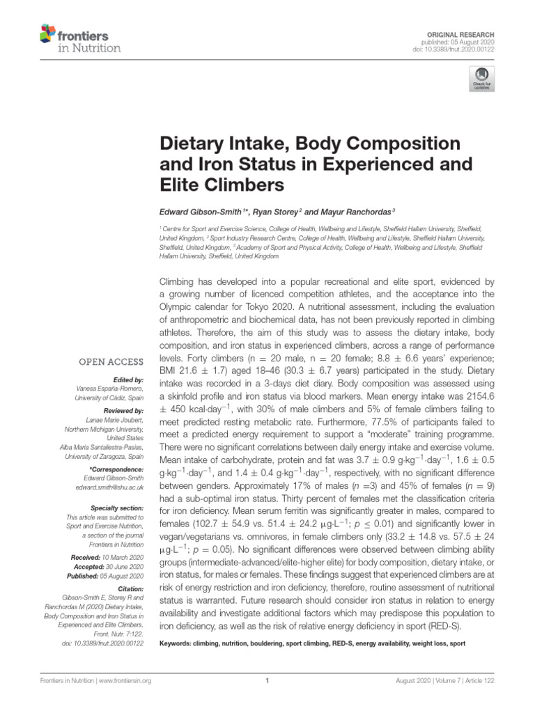 Dietary Intake, Body Composition and Iron Status in Elite Climbers ...