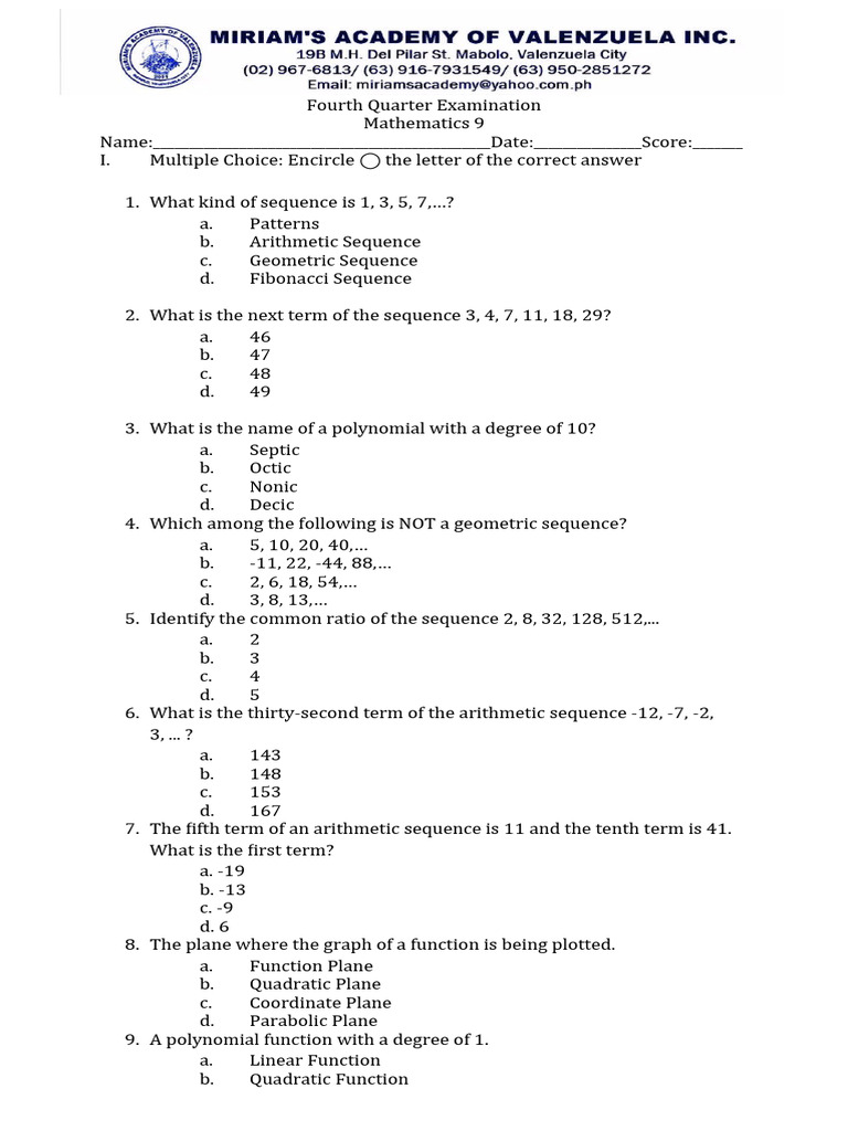 Math 9 Fourth Quarter Exam Questions | PDF | Triangle | Mathematical ...