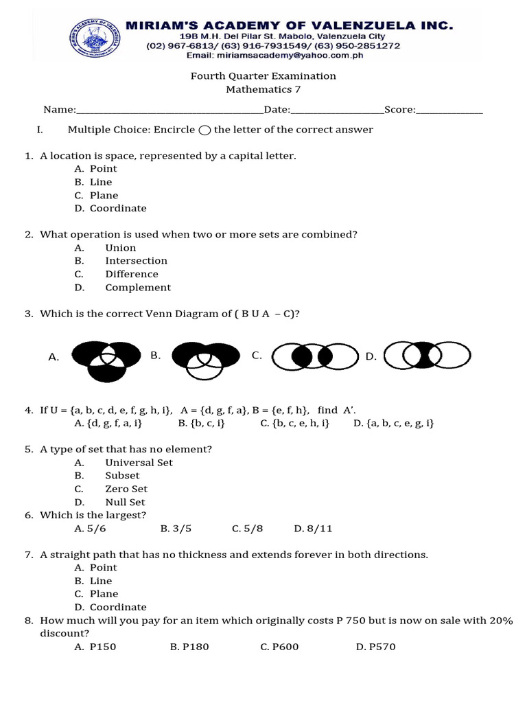Mathematics 7 Fourth Quarter Examination | PDF | Polynomial ...