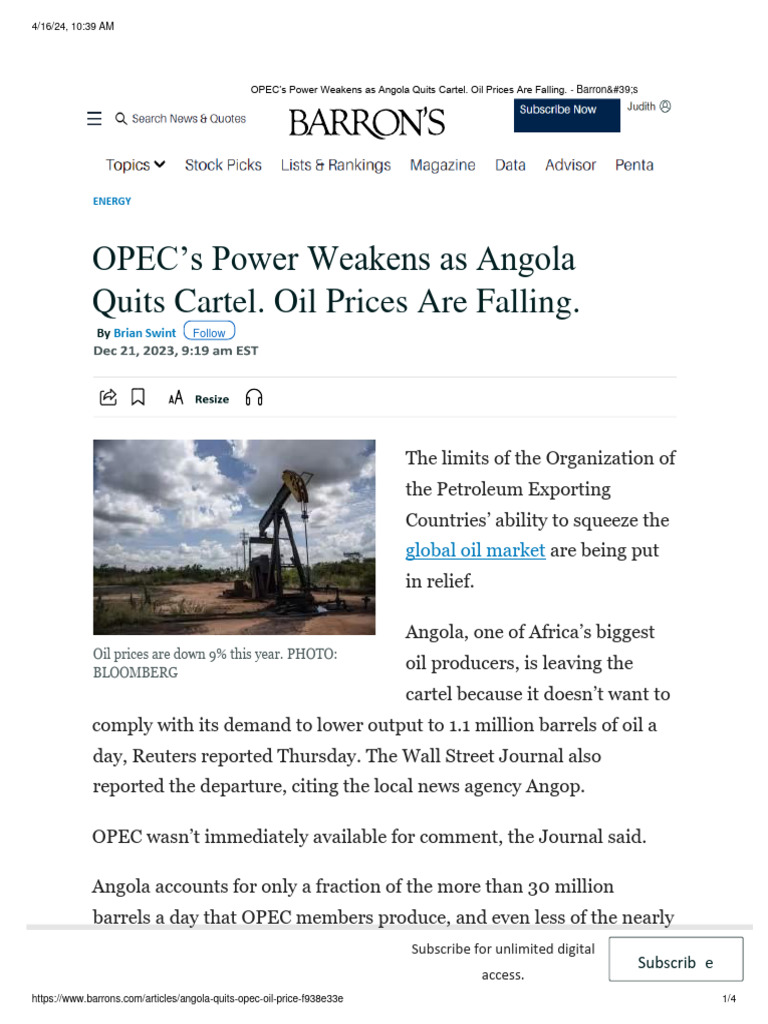 Angola Exits OPEC, Oil Prices Drop | PDF | Opec | Price Of Oil