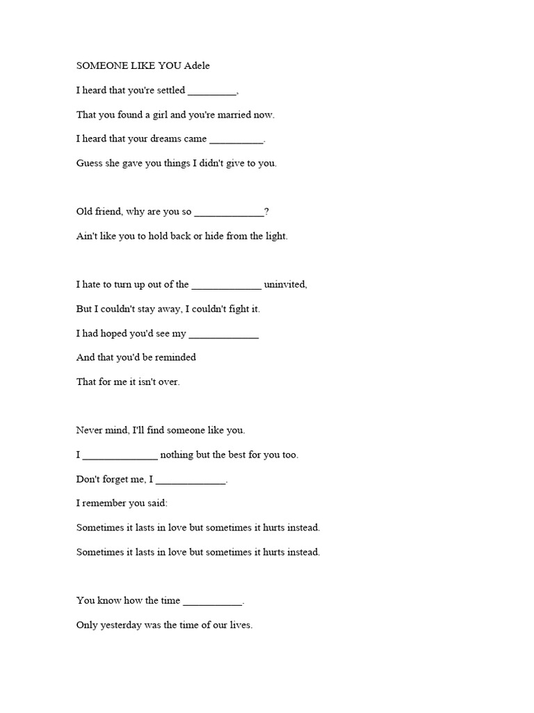 Vocabulario y Traducción de La Letra de Someone Like You de Adele | PDF ...