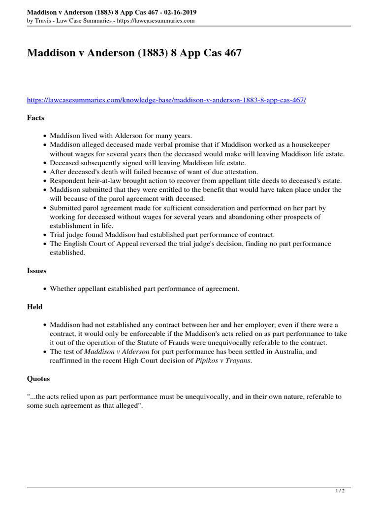 Maddison v Alderson Case Summary | PDF | Appeal | Private Law