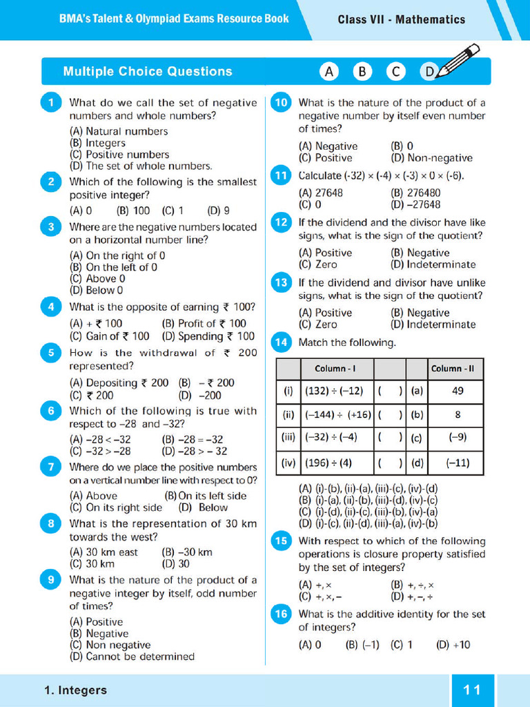 CL 7 - 1. Integers | PDF | Division (Mathematics) | Integer