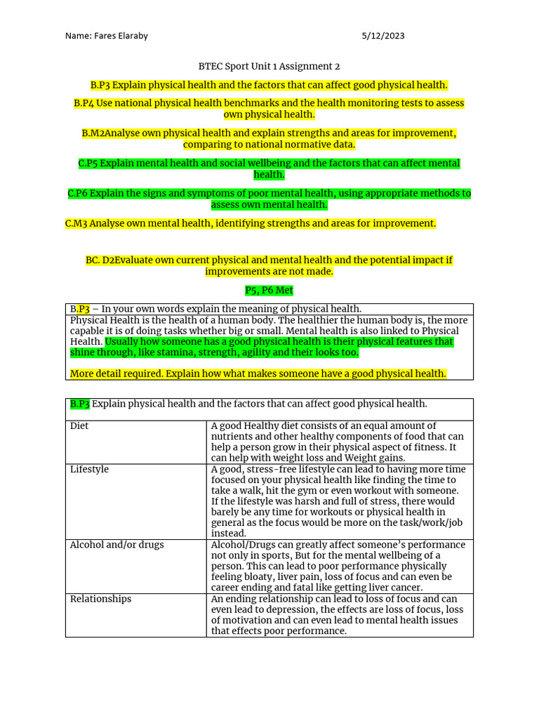BTEC Sport Unit 1 Assignment 2 | PDF | Mental Health | Grief