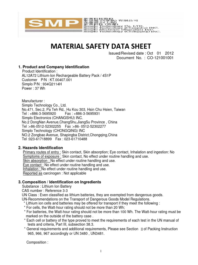 MSDS 934Q2114H MSDS 2012 (110-0305H) 2 | PDF | Dangerous Goods ...