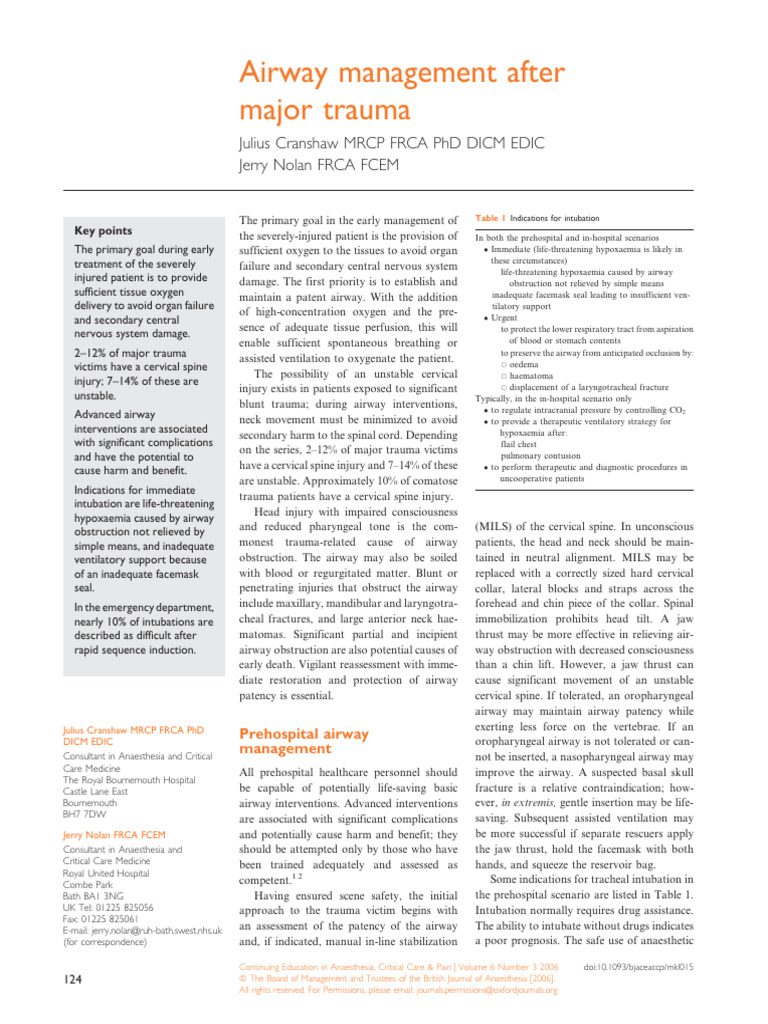 Airway Management After Major Trauma Cea | PDF | Major Trauma | Breathing