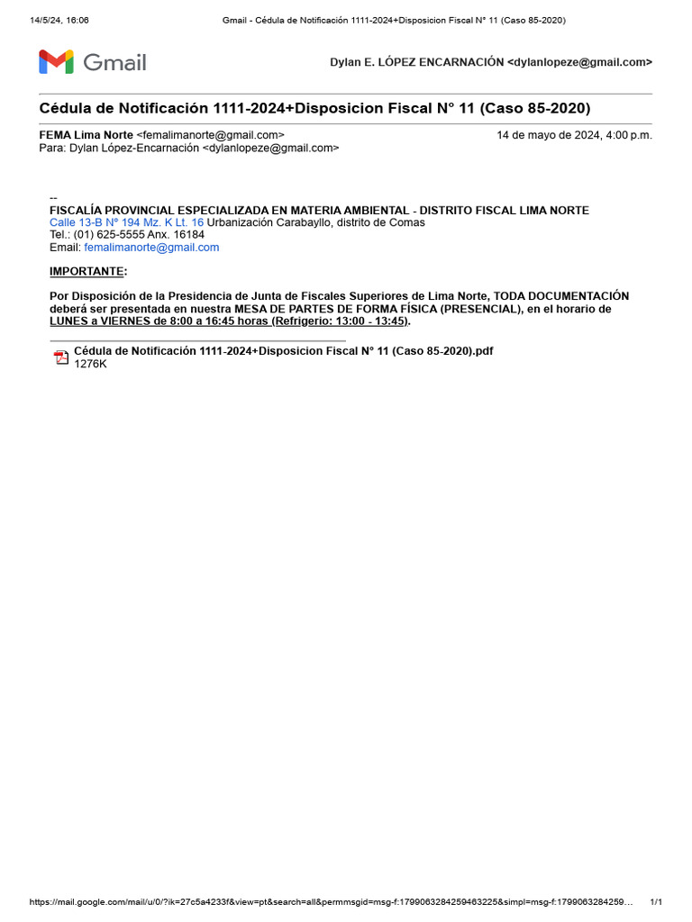 Gmail 14 MAY 2024 16:00 HRS., CÉD y DISP N.° 11. FEMA. OCR. 4p | PDF | Fiscal | Justicia