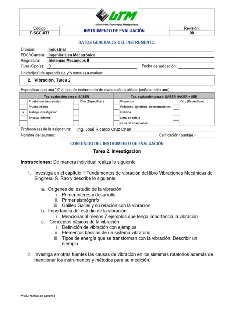 Sis. Mec. 2. U2. Tarea 2 | PDF | Evaluación | Cognición