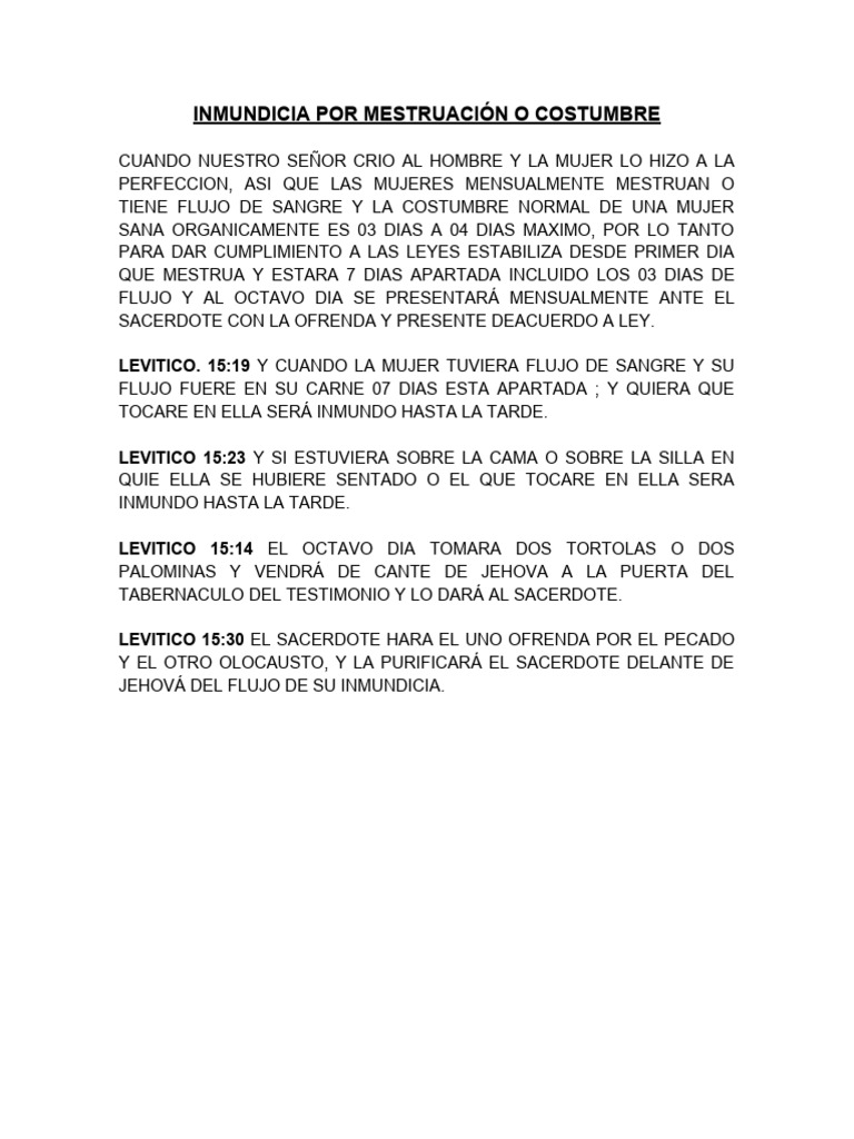 Inmundicia Por Mestruación o Costumbre | PDF | Libro de levítico ...