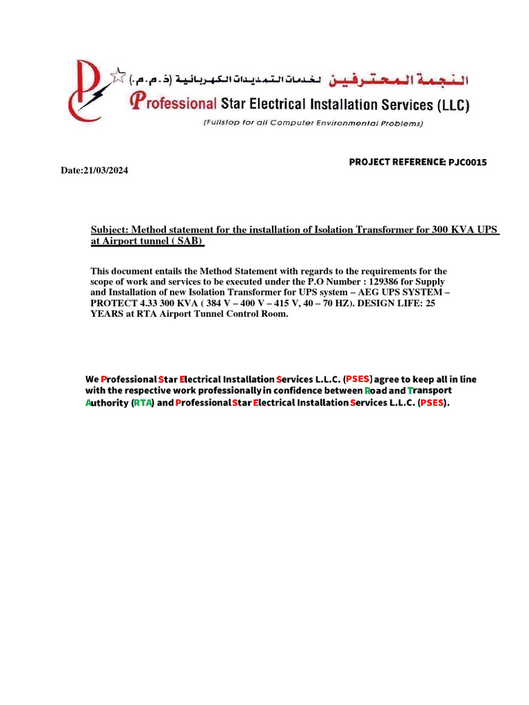 METHOD STATEMENT - RTA Edited | Download Free PDF | Transformer | Electrical Components