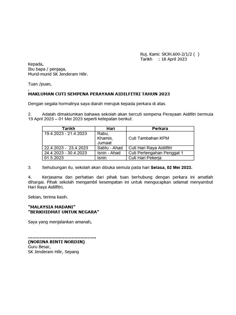 Surat Makluman Cuti Raya Aidilfitri | PDF