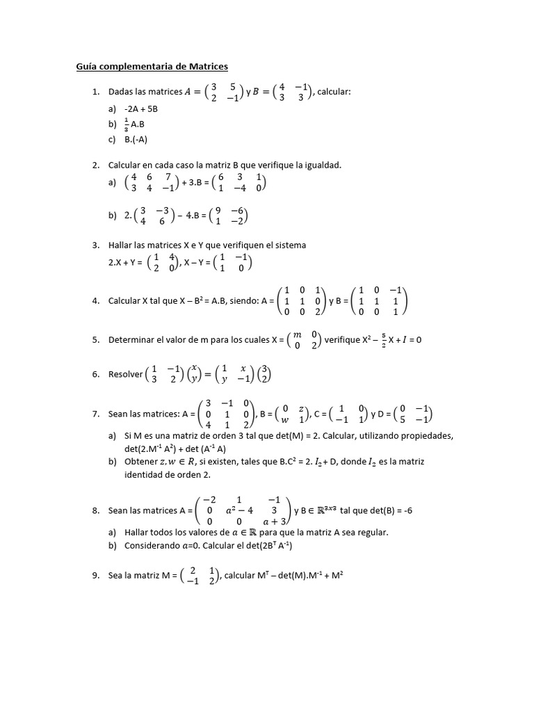 Guía Complementaria de Matrices-1 | PDF | Matriz (Matemáticas ...
