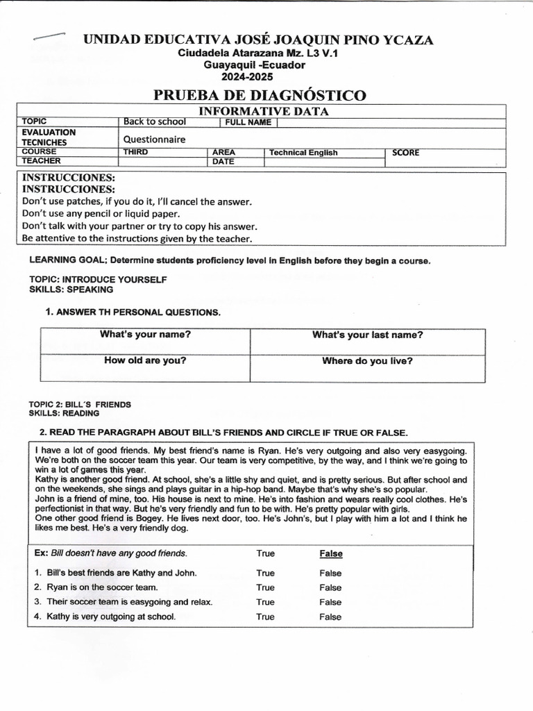 Ingles 3ro Prueba de Diagnostico | PDF