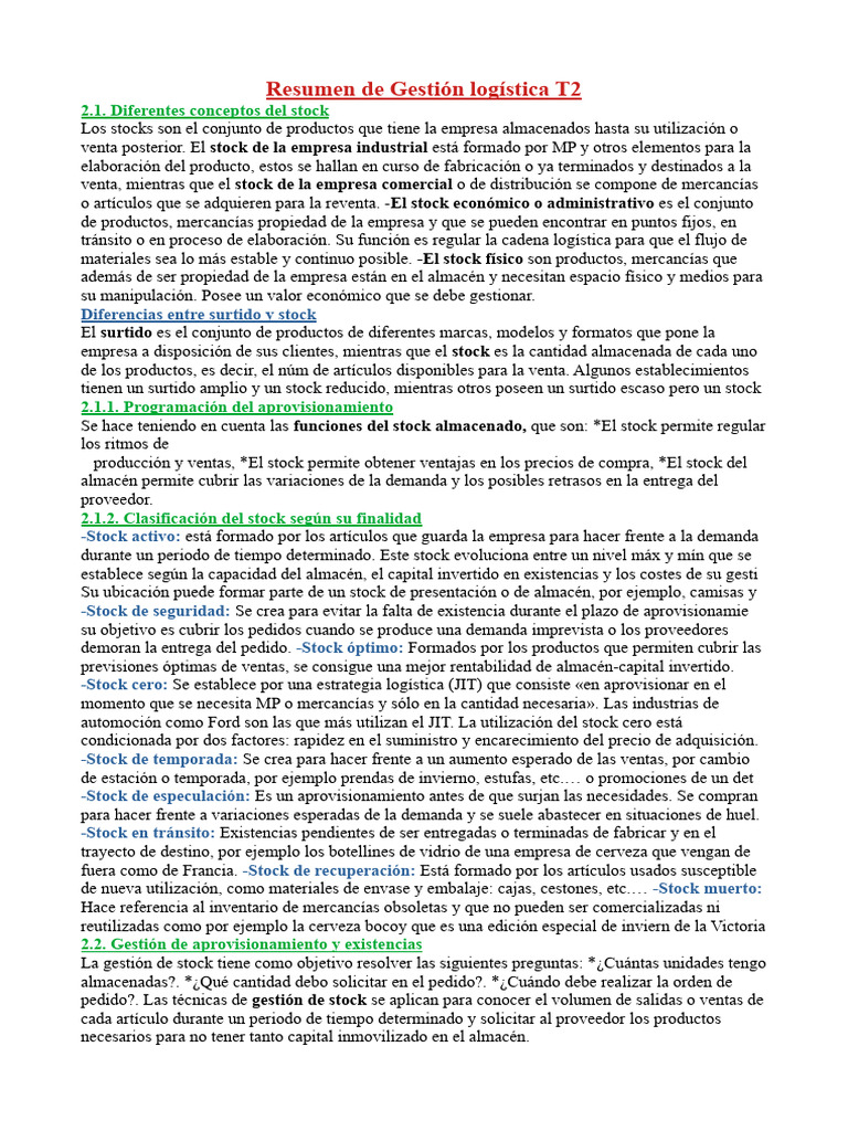 Resumen de Gestión Logística Tema 2 | PDF | Lean Manufacturing | Logística