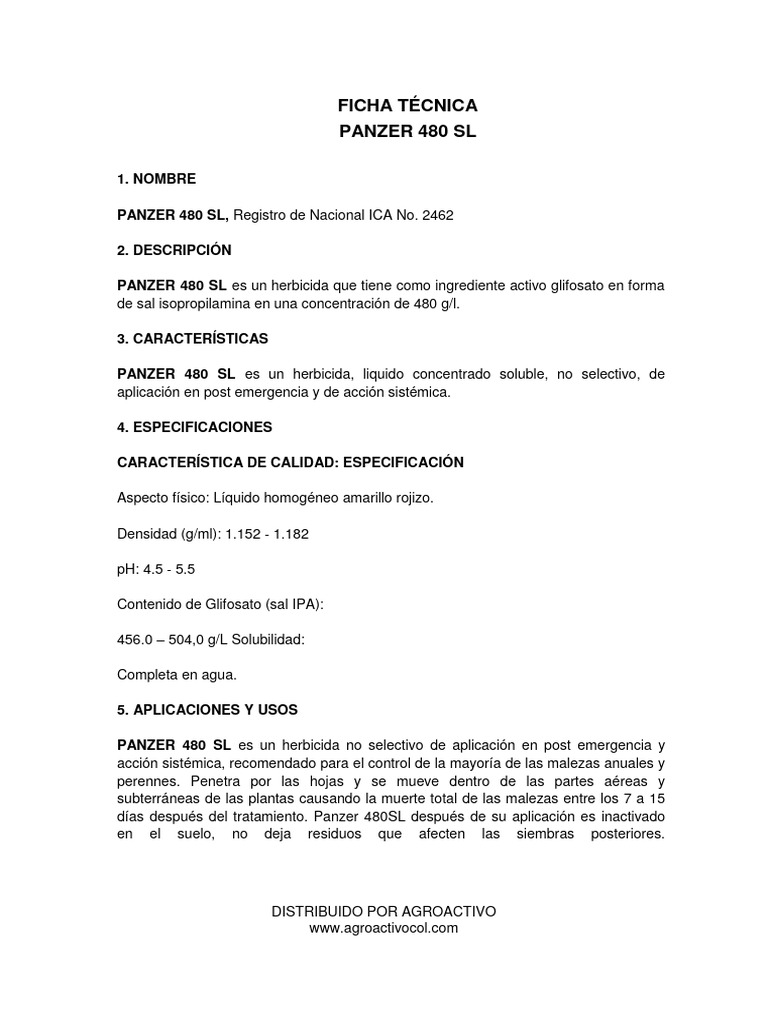 Herbicida Panzer 480 SL: Usos y Especificaciones | PDF | Pesticida | Agua