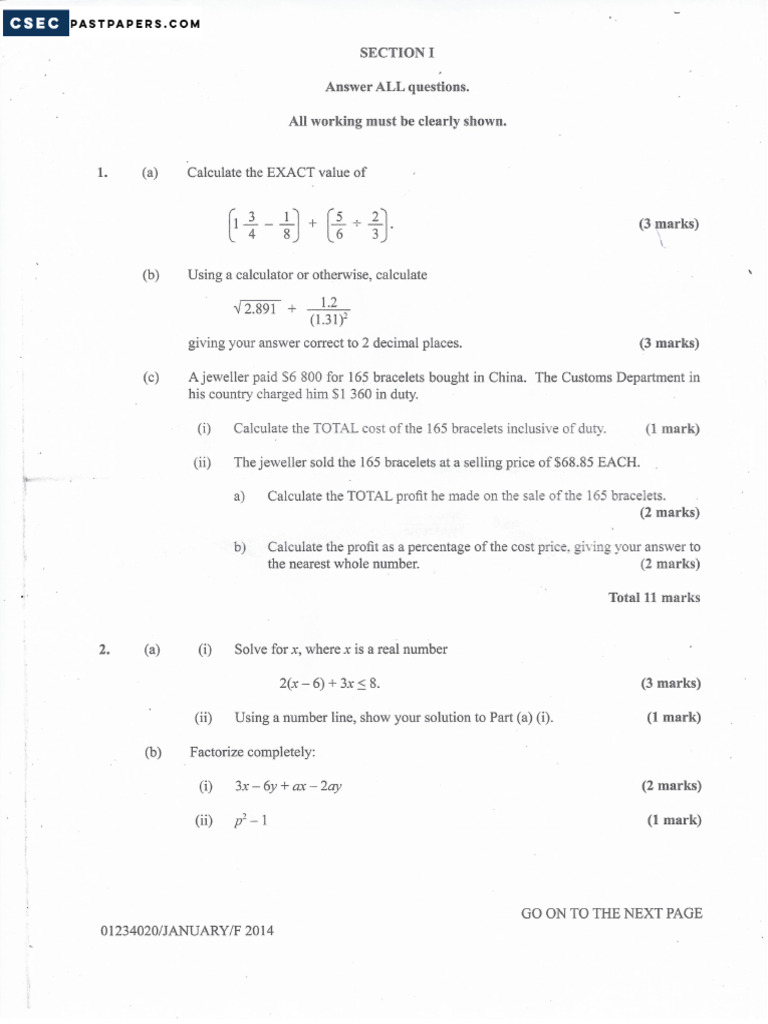 CSEC Maths Jan 2014 Paper 2 | PDF