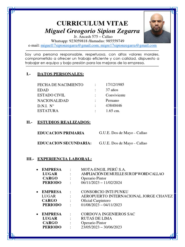 CV - Sipion Zegarra Miguel Gregorio | Descargar gratis PDF | Documento de identidad | Gobernancia