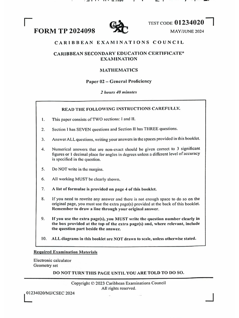 CSEC Maths June 2024 Paper 2 | PDF