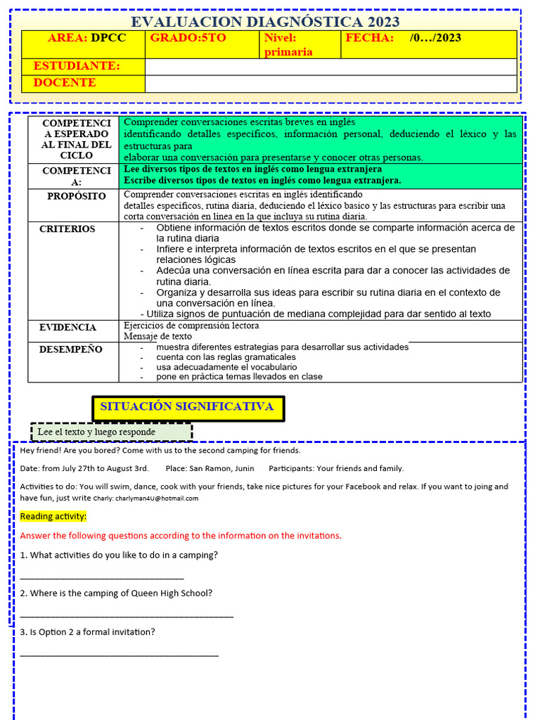 Eval. Diag. 1° DPCC 2023 2 (2) Primaria | Descargar gratis PDF | Léxico | Comprensión lectora