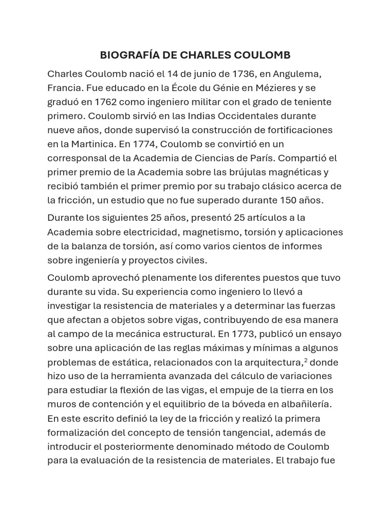 Biografía de Charles Coulomb | PDF