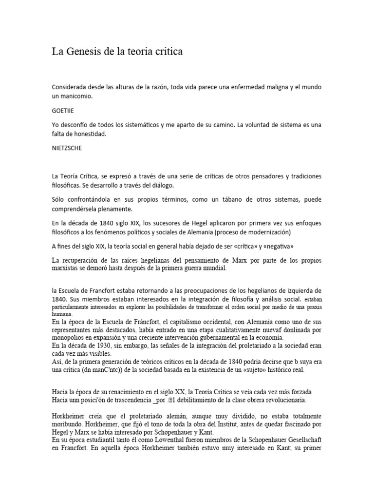 La Genesis de La Teoria Critica, Resumen | PDF | La teoría crítica ...