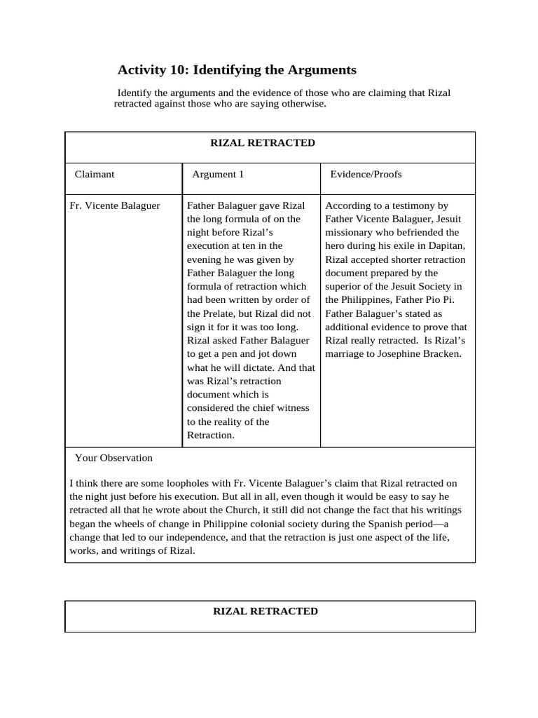 Activity 10 - Identifying The Arguments | PDF | History