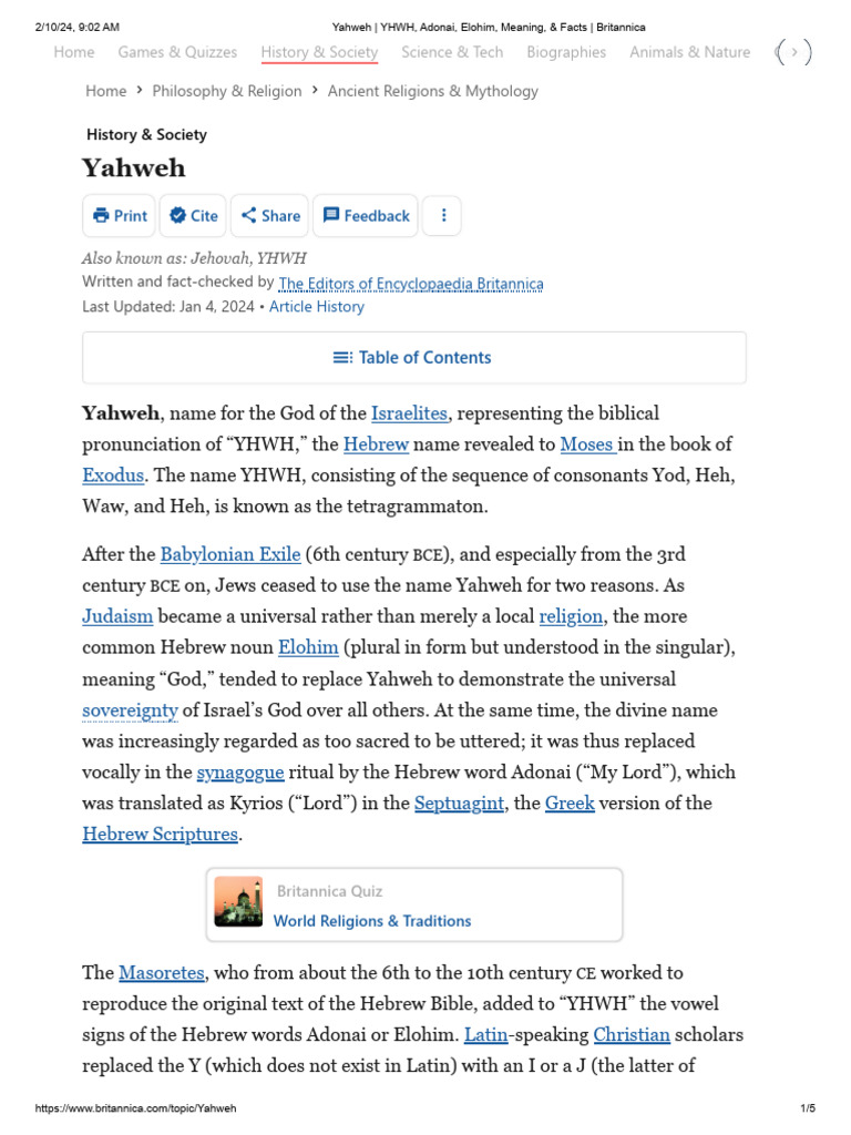 Yahweh - YHWH, Adonai, Elohim, Meaning, & Facts - Britannica | PDF | Tetragrammaton | Names Of ...