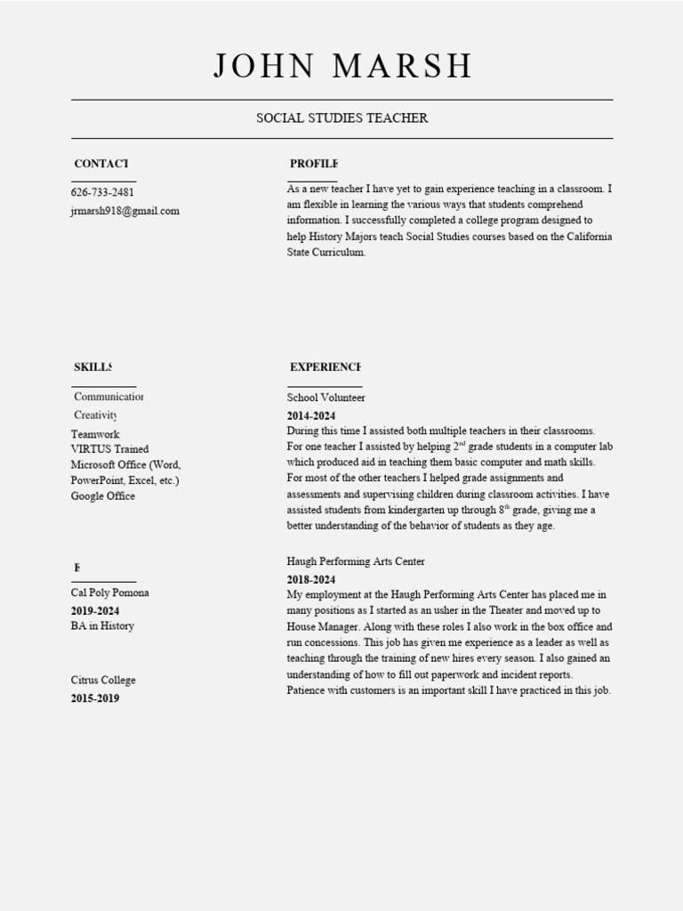 John Marsh: Aspiring Social Studies Teacher | PDF | Career & Growth ...