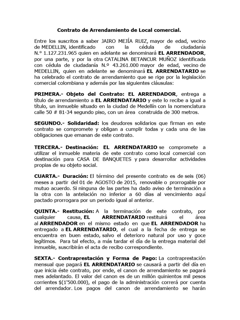 Contrato de Arrendamiento de Local Jairo - Alba | PDF | Ley común ...
