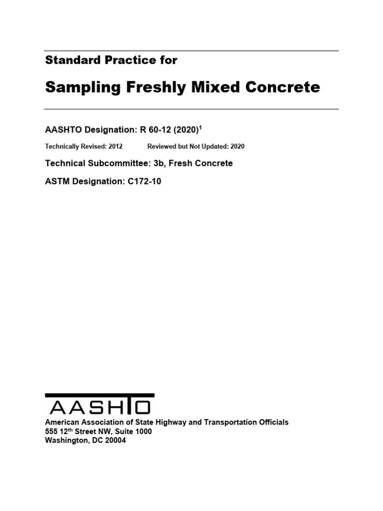 AASHTO R60-12 (2020) - Sampling Freshly Mixed Concrete | PDF | Concrete ...