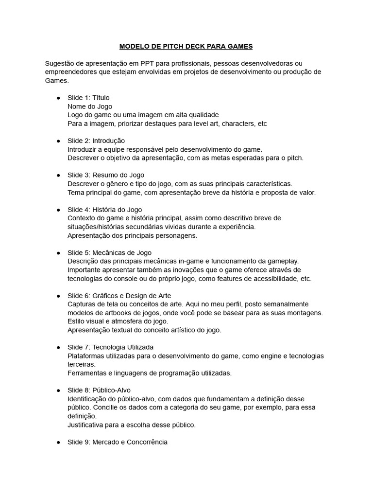 Modelo de Pitch Deck para Games | PDF | Videogames | Segmentação de mercado