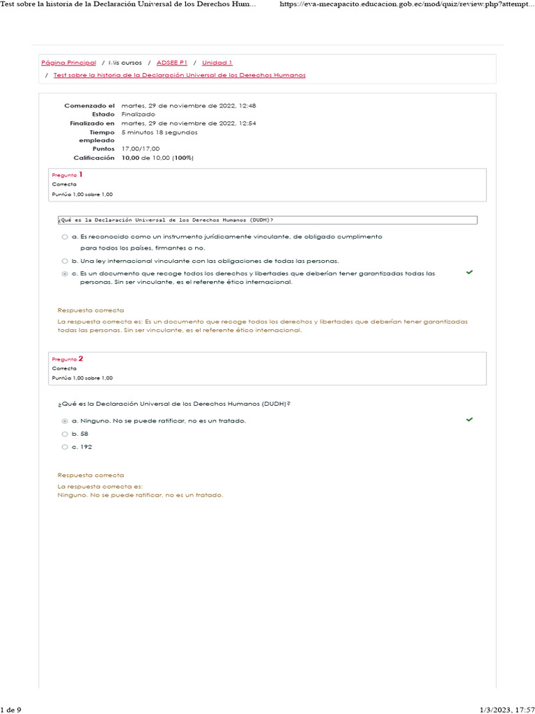Test Sobre La Historia de La Declaración Universal de Los Derechos ...