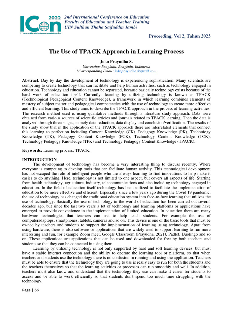 The Use of TPACK Approach in Learning Process | PDF | Pedagogy | Teachers