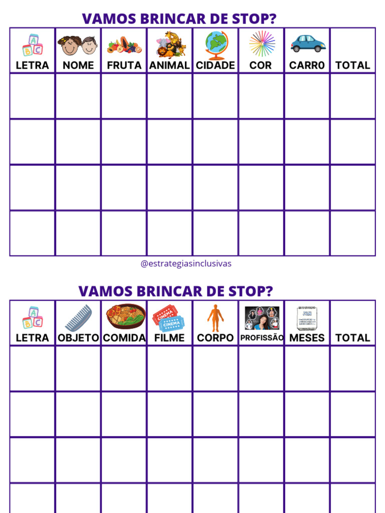 Jogo Stop: Tabela para Imprimir | PDF