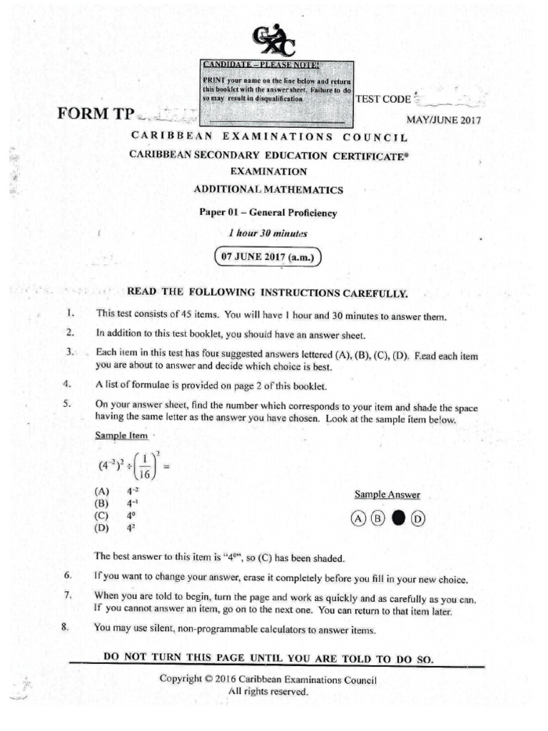 CSEC Add Maths June 2017 Paper 1 | PDF